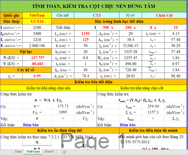 File excel tính toán cột thép chịu nén đúng tâm - TÀI LIỆU XÂY DỰNG